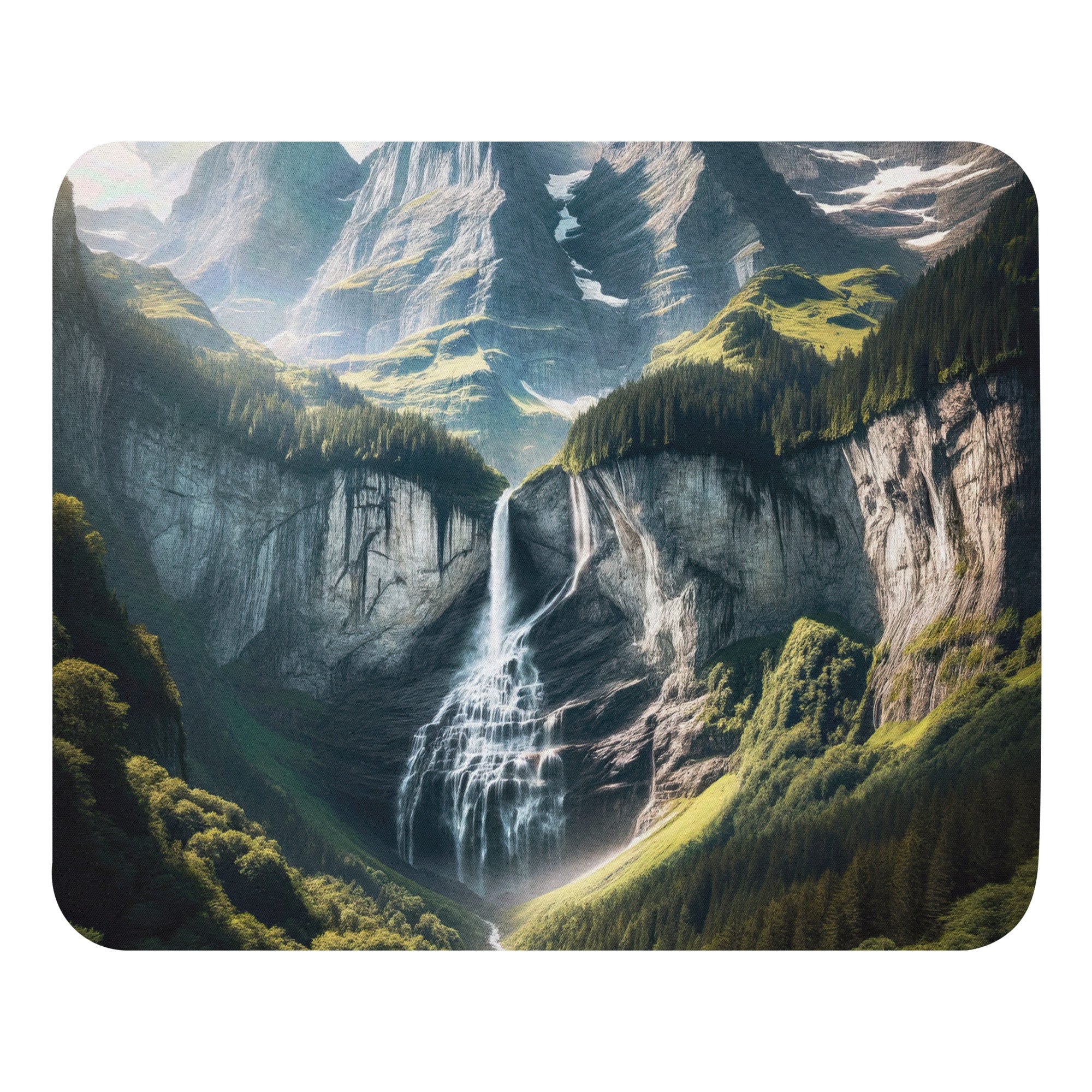 Foto der sommerlichen Alpen mit üppigen Gipfeln und Wasserfall ...